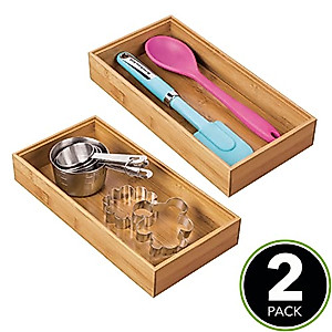 mDesign Wooden Bamboo Drawer Organizer - 12" Long Stackable Storage Box Tray for Kitchen Drawers/Cabinet - Utensil, Silverware, Spatula, and Flatware Holder - Echo Collection - 2 Pack, Natural Wood
