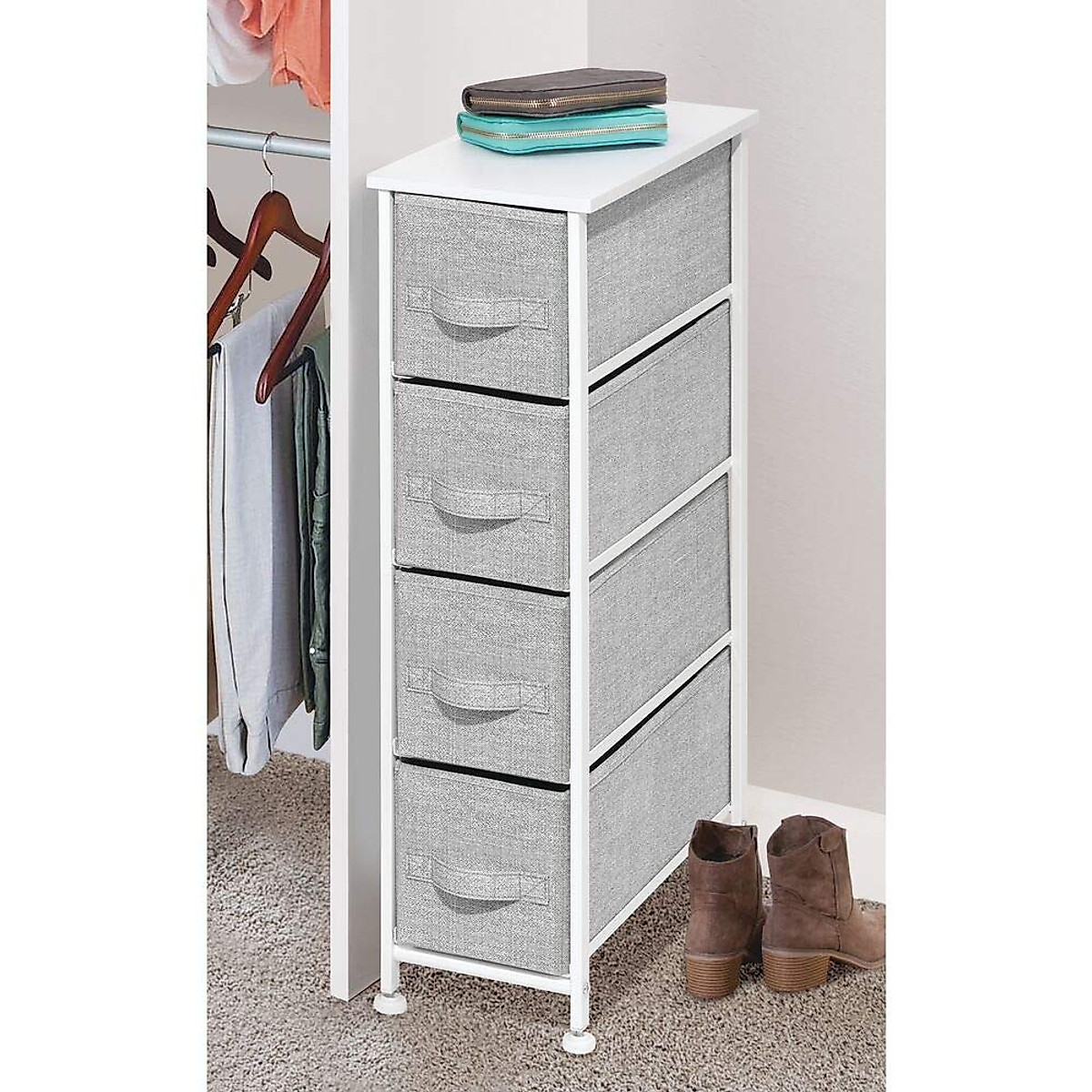 mDesign Narrow Dresser Storage Tower Stand with 4 Removable Fabric Drawers - Steel Frame, Wood Top Organizer for Bedroom, Entryway, Closet - Lido Collection - Gray