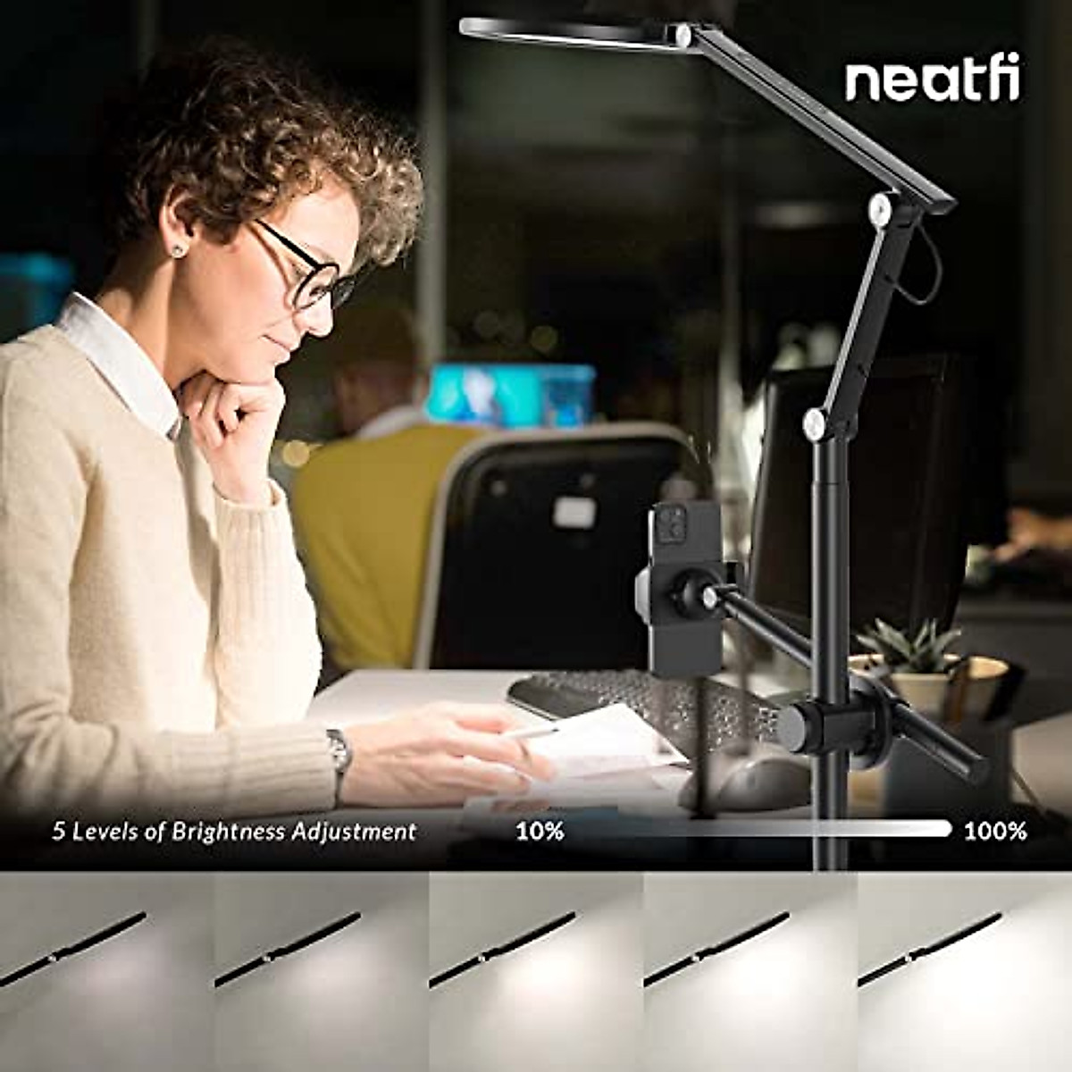 Neatfi Multi-Functional Desk Lamp, Dimmable, 3 Light Modes, 5 Brightness Levels, Zoom/Webcam Light, Touch Controls, USB/Plug Powered, Adjustable Arm (with Phone Holder and Clamp)