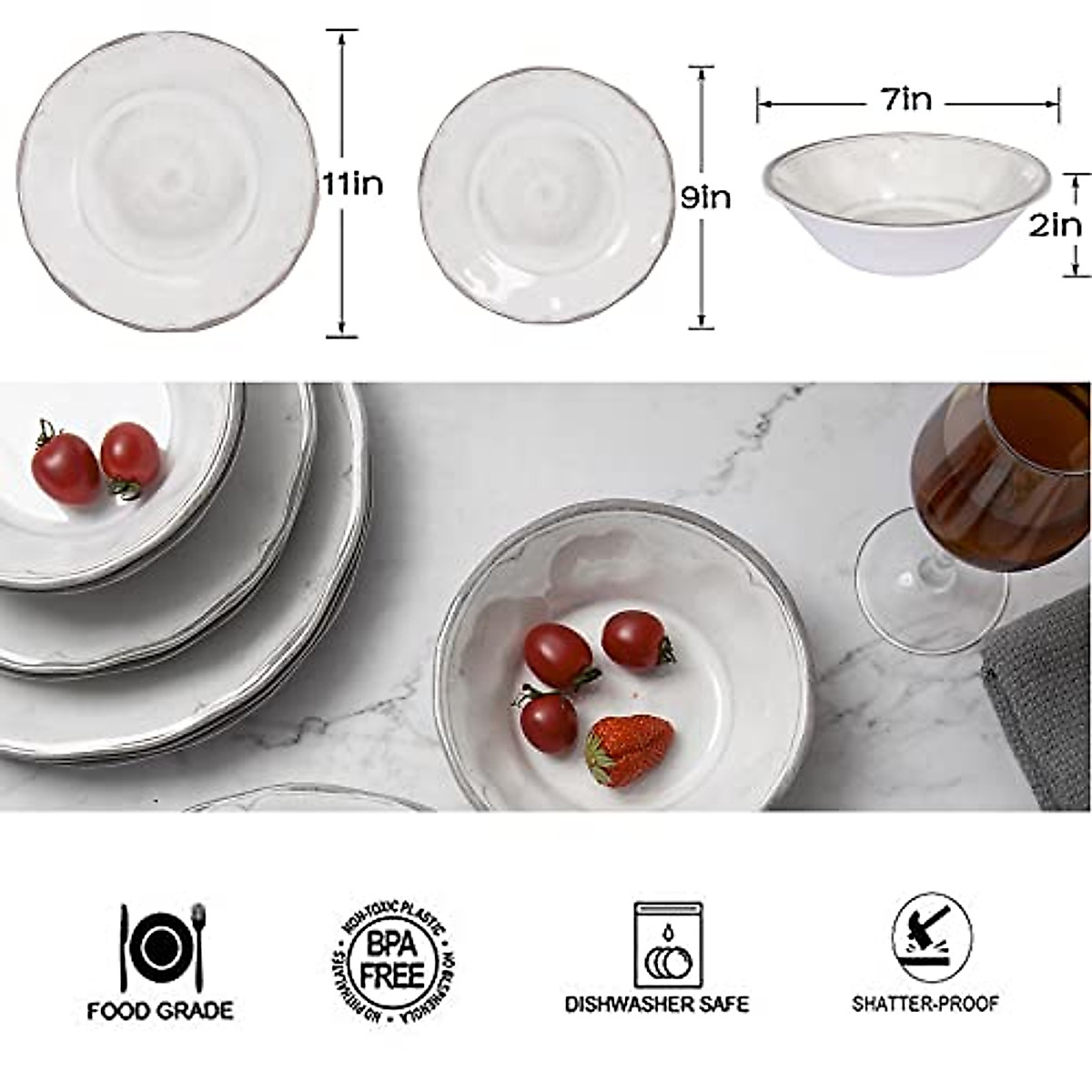 Melamine Dishes Dinnerware Sets - 12pcs Melamine Dinner Plates, Salad Plates and Bowls, for Everyday Use