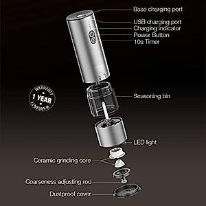 Gravity Electric Salt and Pepper Grinder Set, Automatic Upgraded Pepper and Salt Mill with Charging Base, Adjustable Coarseness and LED Light, One Hand Operation (Silver)