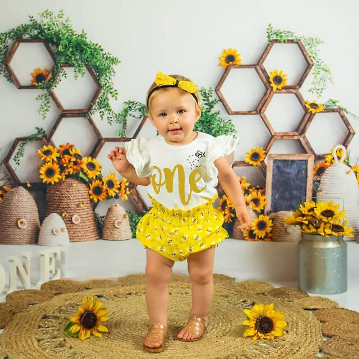 GRNSHTS Baby Girl One Birthday Outfits Honey Bee Ruffle Sleeve Romper+Bumble Bee Shorts+Headband 3Pcs Summer Clothes 12-18 Months
