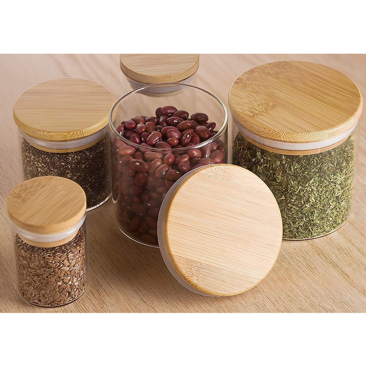 JUVITUS 8 oz Clear Glass Jar with Wooden Bamboo Silicone Sealed Lid (2 Pack)