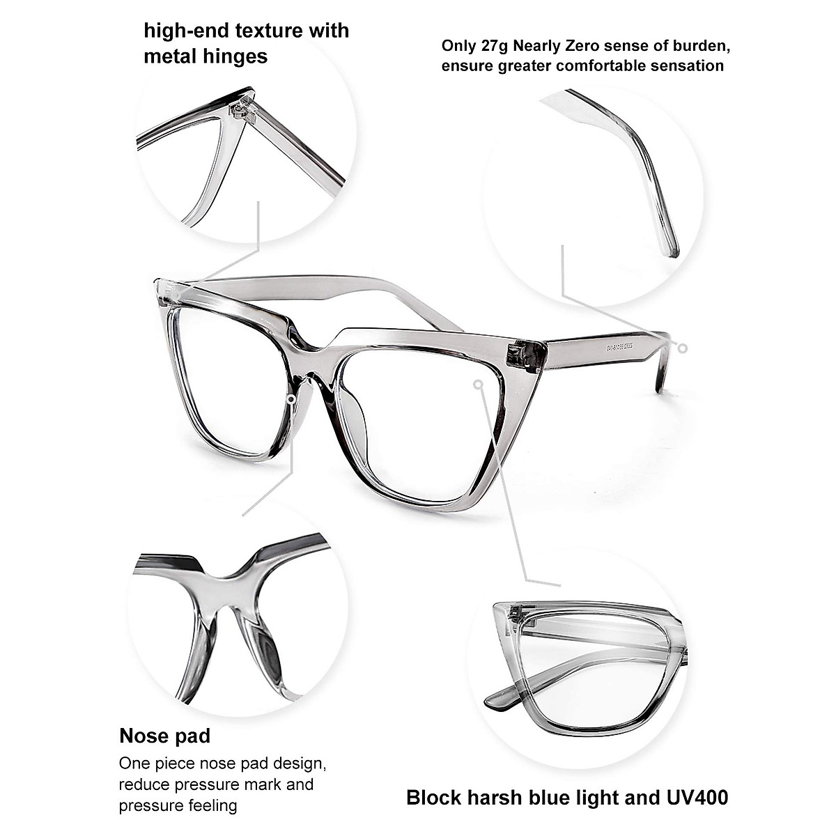 FEISEDY CHIC Cateye Large Frame Blue Light Blocking Eyewear Glasses with Clear Lenses Women B2619