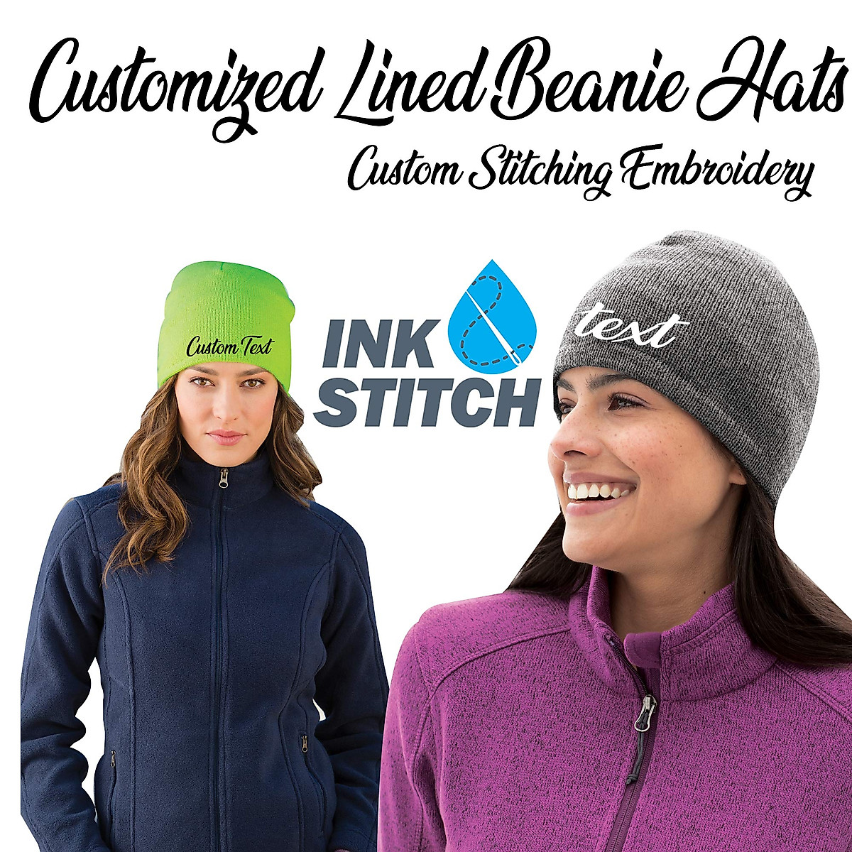 INK STITCH CP91L Custom Text Stitching Design Your Own Fleece Line Beanie Hats (Black)