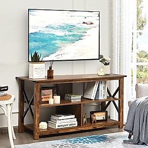 Tangkula Wood TV Stand with Open Shelves and X-Shaped Frame, 3 Tier Entertainment Center for 55-Inch TV, Farmhouse TV Console Table, Open TV Stands for Living Room Bedroom (Brown)