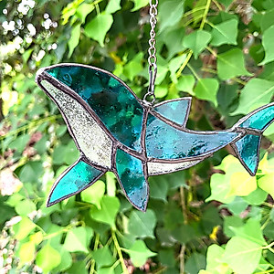 Mollytek Stained Glass Window Hangings Flying Dolphin Shaped Stained Glass Suncatcher Panel for Window Wall Patio Car Garden Haning Ornament with Chain,Home Decor Gifts for Mom, Dolphin Lovers