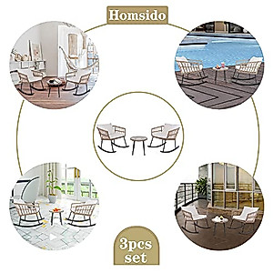 Patio Outdoor Boho Balcony Furniture Rocking Chairs Set,3-Piece Wicker Rattan Small Patio Conversation Rocking Chairs and Glass Table,3 Piece Chat Set with Waterproof Cushions