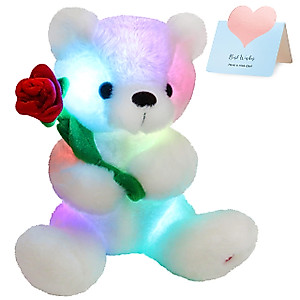 Houwsbaby Glow Teddy Bear with Rose Stuffed Animal for Graduate Soft Light Up Plush Toy LED Night Lights Valentine’s Day Presents for Kids Toddler Girlfriend,White,10.5''