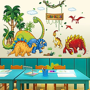 Supzone Dinosaur Wall Stickers Cartoon Dino Wall Decal Wild Tree Dino Wall Art Sticker for Boy's Room Kids Baby Nursery Bedroom Playroom Living Room Wall Decor