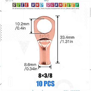 Glarks 10Pcs 8x3/8'' Copper Wire Lugs UL Listed Battery Cable Closed Ends Bare Copper Eyelets Tubular Ring Terminal Connectors