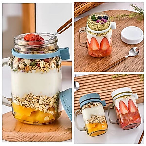 Overnight Oat Containers with Lids and Spoon and Handle, 2 Pack, Large Glass Overnight Oats Jars Reusable Airtight 16 oz Mason Jars for Cereal Yogurt