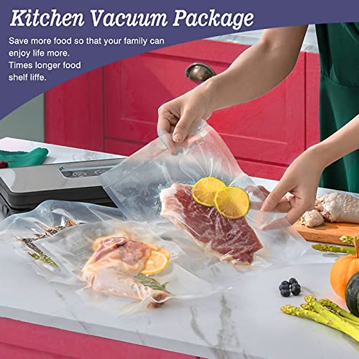 DMPACKDM K-Coating Vacuum Sealer Bags 8 x 10 inch 100 pack BPA Free Pre-Cut Heavy Duty Bag Fit for All Vac Machines Food Saver,Seal a Meal, Weston,Commercial Grade Precut Meal Prep Sous Vide Bags