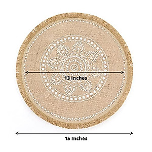 BalsaCircle 4 Natural 15 in Round Burlap Jute Placemats White Prints Fringe Tassel Trim Party Events Reception Decorations Supplies