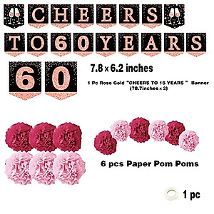 60th birthday decorations for women - (21pack) cheers to 60 years rose gold glitter banner for women, 6 paper Poms, 6 Hanging Swirl, 7 decorations stickers. 60 Years Old Party Supplies gifts for women