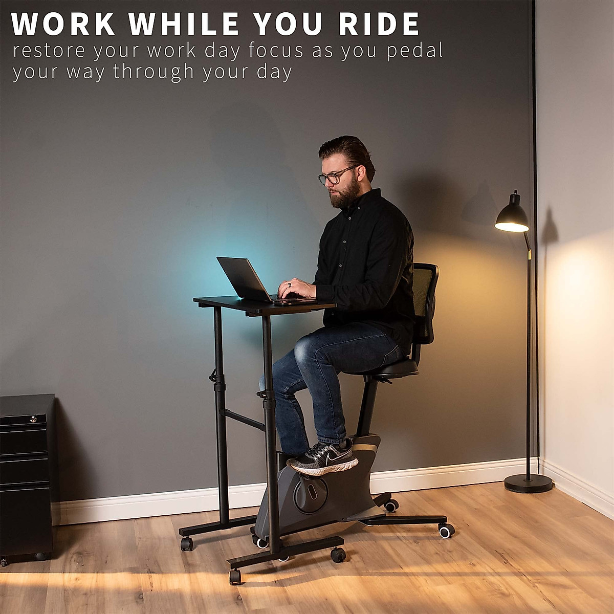 VIVO Height Adjustable 28 x 14 inch Standing Desk Cart for Laptop Office Work, Stationary Training Exercise Bike Use, Small Mobile Workstation with Locking Wheels, Black, CART-V01BK