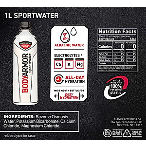 BODYARMOR SportWater Alkaline Water, Superior Hydration, High Alkaline Water pH 9+, Electrolytes, Perfect for your Active Lifestyle, 1 Liter (Pack of 6)