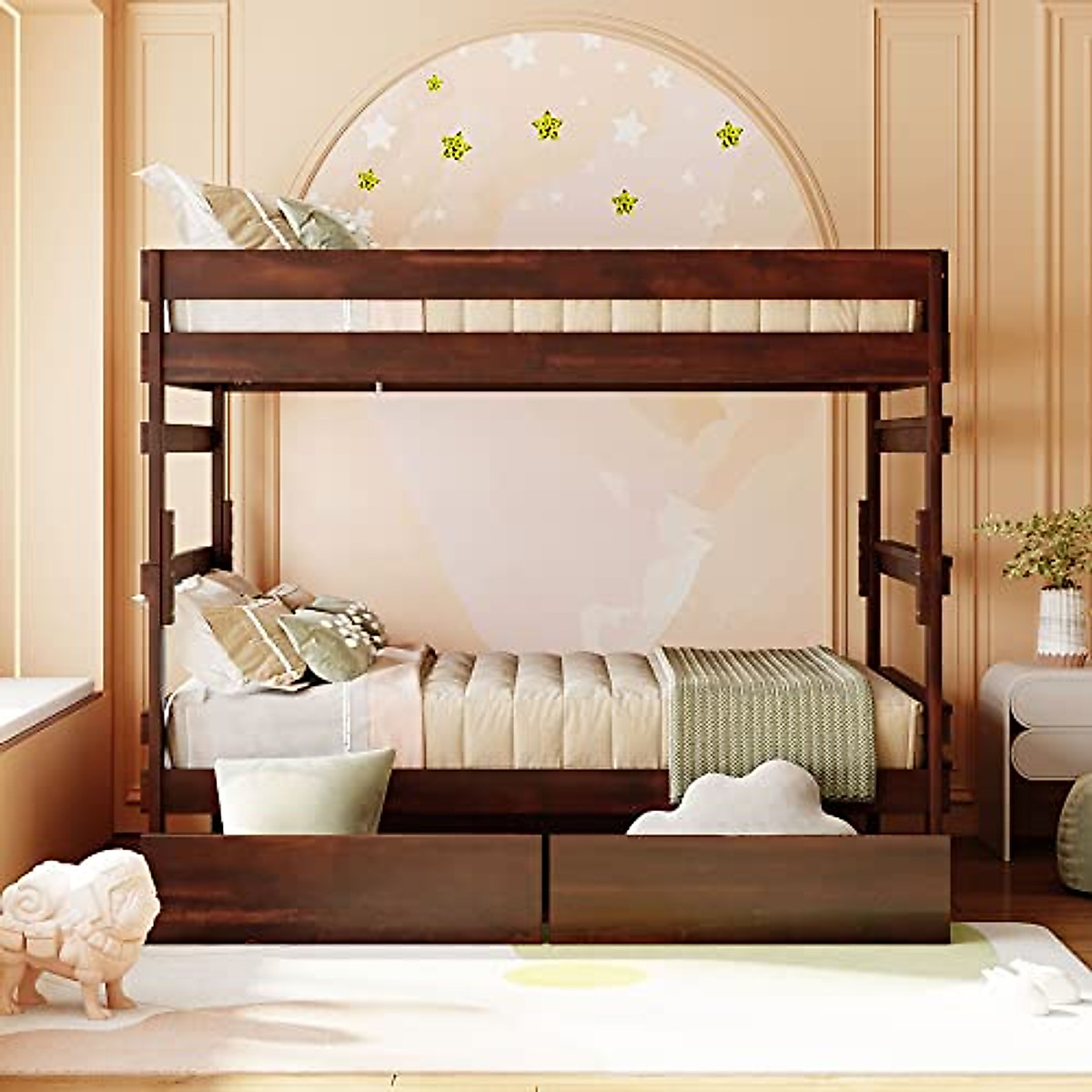 Full Over Full Bunk Bed with 2 Drawers, Solid Wood Bunk Bed Frame with Ladders & Storage Drawers, Bedroom Furniture Can Be Divided Into Two Individual Beds