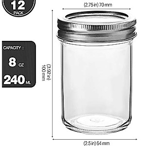 KAMOTA DIY Glass Mason Jars With Bands, 8 oz, Ideal for Jam, Spice, Honey, Wedding , Shower Favors, 12 PACK, Extra 12 Regular Lids & 20 Whiteboard Labels