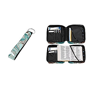 FUSURIRE Teal Marble Pattern Bible Cover with Keychain 2 PCS Bible Case and Wrist Lanyard Key Chain Large Bible Bag Carrying Book Case Bible Tote Bag with Zipper Pocket for Bible Study