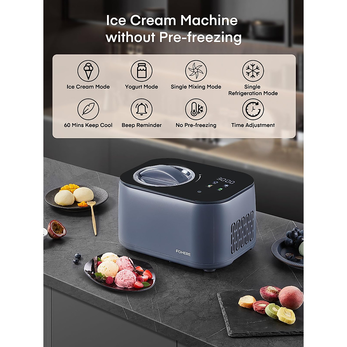 Touch Screen 1.2-Quart Automatic Ice Cream Maker with Compressor, No Pre-freezing, 4 Modes Frozen Yogurt Machine with LCD Display & Timer, Electric Sorbet Maker Gelato Maker, Keep Cool Function