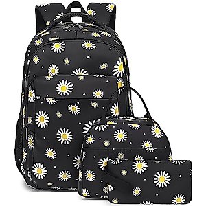 LEDAOU Backpack for Teen Girls School Bags Kids Bookbags Set School Backpack with Lunch Box and Pencil Case (White Daisies Black)