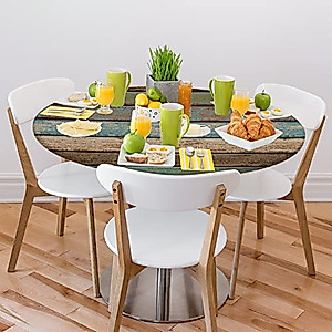 Round Fitted Tablecloth Retro Woodern Polyester Table Cloth with Elastic Edge for Round Table, Waterproof Wipeable Table Cover for Indoor Outdoor Picnic, Fits Tables up to 36" - 42" Diameter