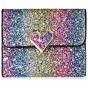 Bestmaple Multicolor Metal Sequins Small Wallet PU Leather Patchwork Hasp Mini Wallet for Women Girls Money Wallet Card Coins Bag(Heart button)