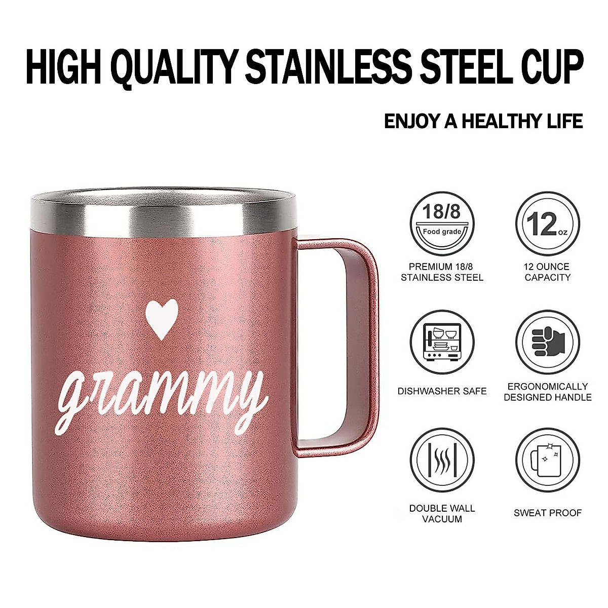 Aletege Grammy Gift Grammy Stainless Steel Insulated Mug with Handle Birthday Mothers Day Gifts for Grammy Grandma from Grandchildren 12OZ Rose Gold