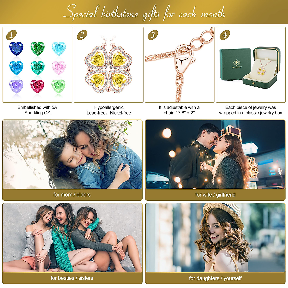 Beauyist 2 IN 1 Lucky Four Leaf Clover Necklaces for Women