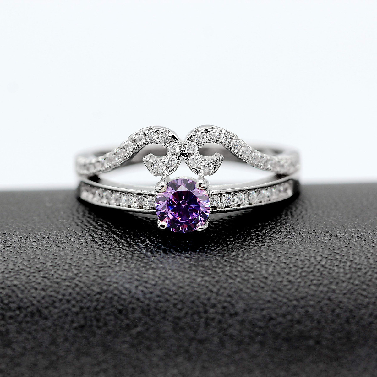 Uloveido Women's Fashion White Gold Plated Queen Crown Ring with Purple CZ Crystal, Girls Bridal Princess Tiara Ring for Women (size 7) Y2867