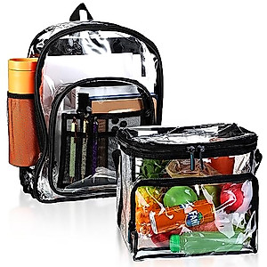 Paterr 2 Pcs Clear Backpack Set Clear Lunch Bag Plastic PVC See Through Heavy Duty Clear Tote Bag Stadium Approved with Zippers Adjustable Shoulder Straps for Work Travel Women Men Officers Festival