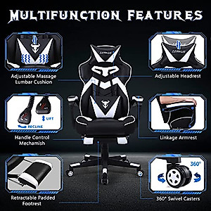 Zeanus Ergonomic Gaming Computer Chair, Recliner Computer Chair with Footrest, Office Gamer Chair with Massage, Big and Tall Racing Chair, Gaming Chairs for Adults, High Back Gaming Desk Chair White