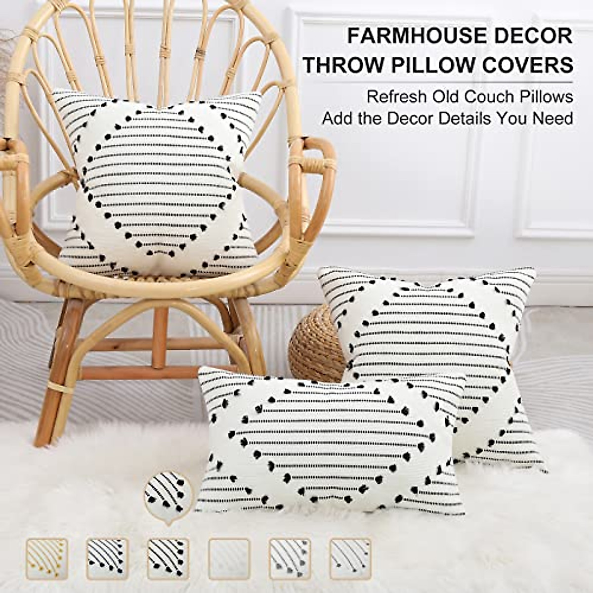 Mecatny Boho Throw Pillow Covers Black and Cream White Pillow Covers 18X18 Set of 2 Farmhouse Decorative Pillow Covers for Couch Sofa Living Room