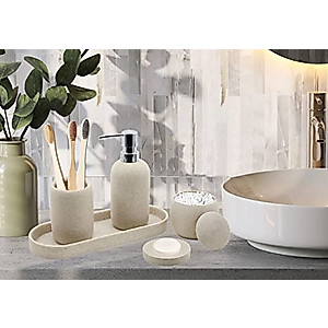 Resin Bathroom Accessories Set, 5 Pcs Heavy & Sturdy Matte Beige Bathroom Accessory Set with Soap Dispenser,Soap Dish,Toothbrush Holder,Tray,Cotton Jar, Classy Bathroom Decor and Gift Set