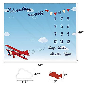Airplane Monthly Milestone Blanket Adventure with Pilot Hat and Picture Frames Aircraft Growth Tracker Calendar Soft Plush Fleece Photography Prop Backdrop Newborn Baby Boy Shower Gift 40" X 50"