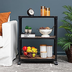 MIND READER Rolling Bar Cart [3 Tier] Kitchen Microwave Cart Island On Wheels, Coffee Station (Wood/Metal, Black/Brown)