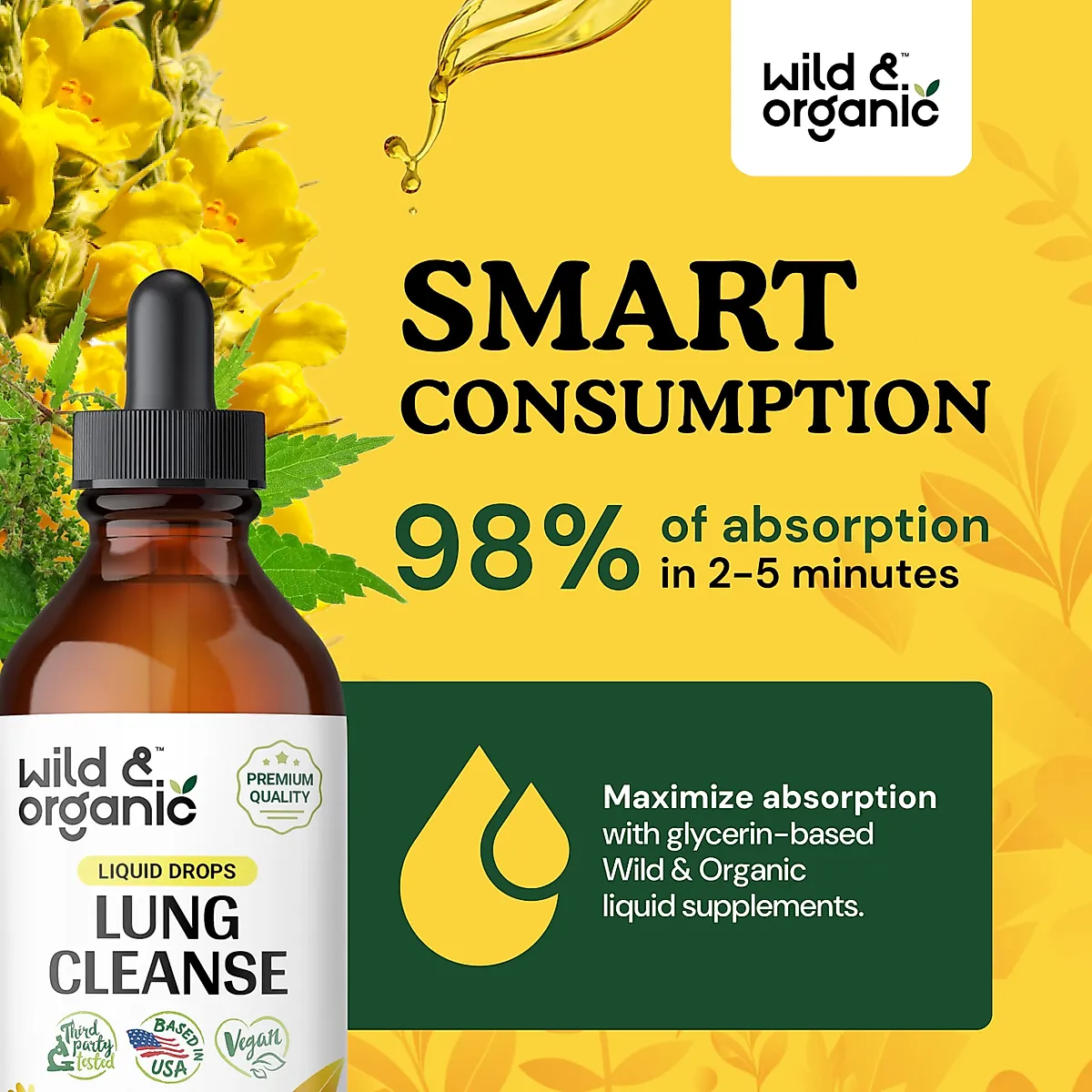 Wild & Organic Lung Cleanse Detox Tincture - Mullein Drops for Lungs - Herbal Mullein Extract Supplement - Vegan, Alcohol-Free Drops - 4 fl oz