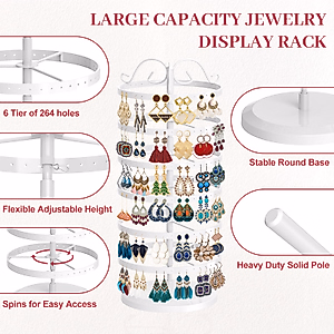 MODOWEY 6 Tier Rotating Metal Earring Holder Organizer Stand Adjustable Display Tree for Women, 264 Holes Large Storage Rack for Stud Post Dangling Hoop, Keep Earrings Neatly Arranged(White)