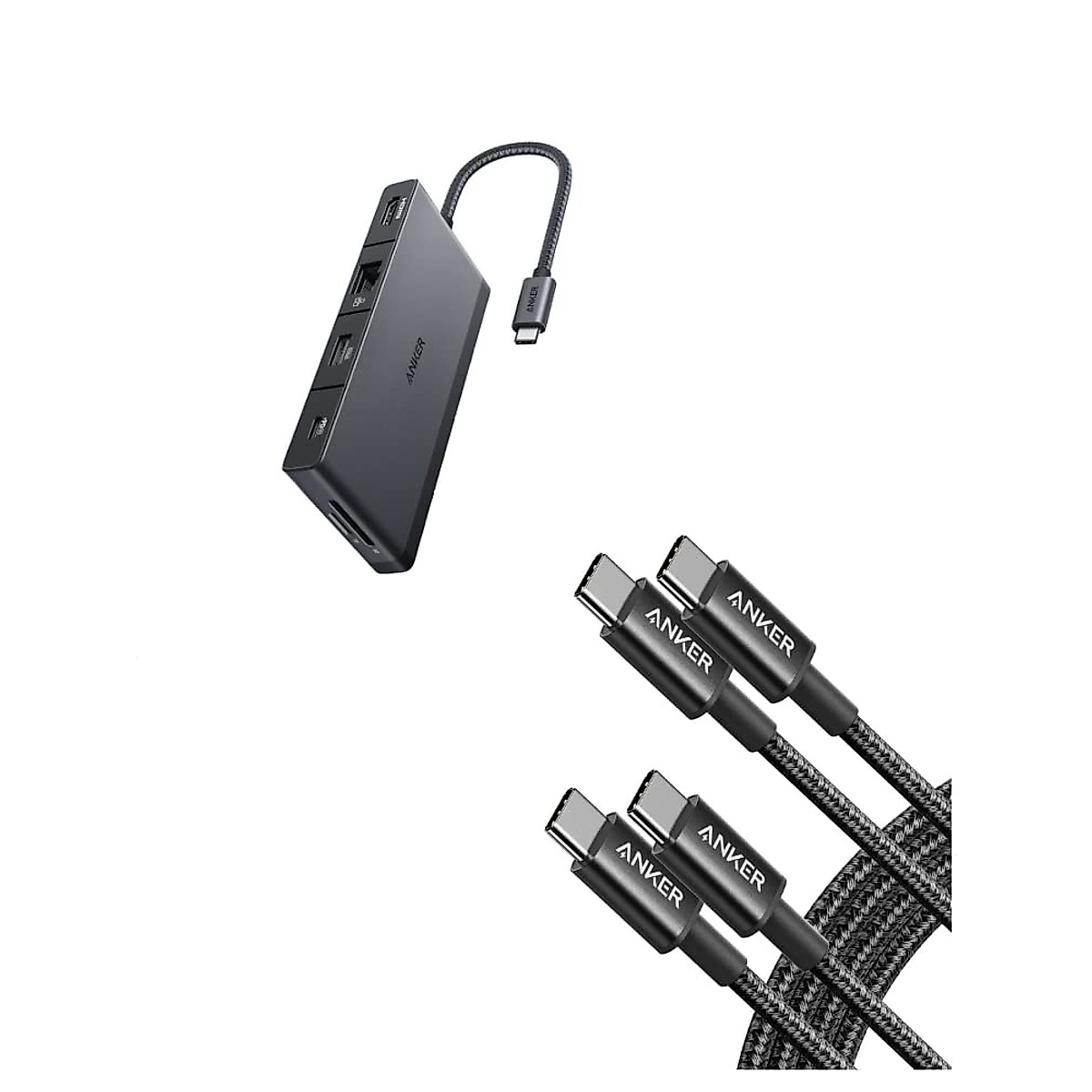 Anker USB C Hub, 552 USB-C Hub (9-in-1, 4K HDMI) with 100W Power Delivery, 4K@30Hz HDMI, 4 USB-C and USB-A Data Ports, Ethernet & USB C Cable, New Nylon USB C to USB C Cable (6ft 60W, 2-Pack, USB 2.0)