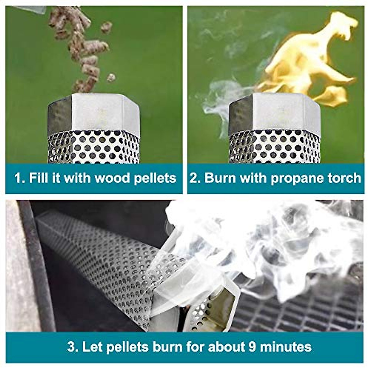 Aushucu 2pcs Smoker Tube 12in Pellet Smoker Tube Stainless Steel Smoke Tube for Hot or Cold Smoking 5 Hours of Billowing smoke Portable BBQ Smoking tube Generator Electric Charcoal Gas Grill Smoker