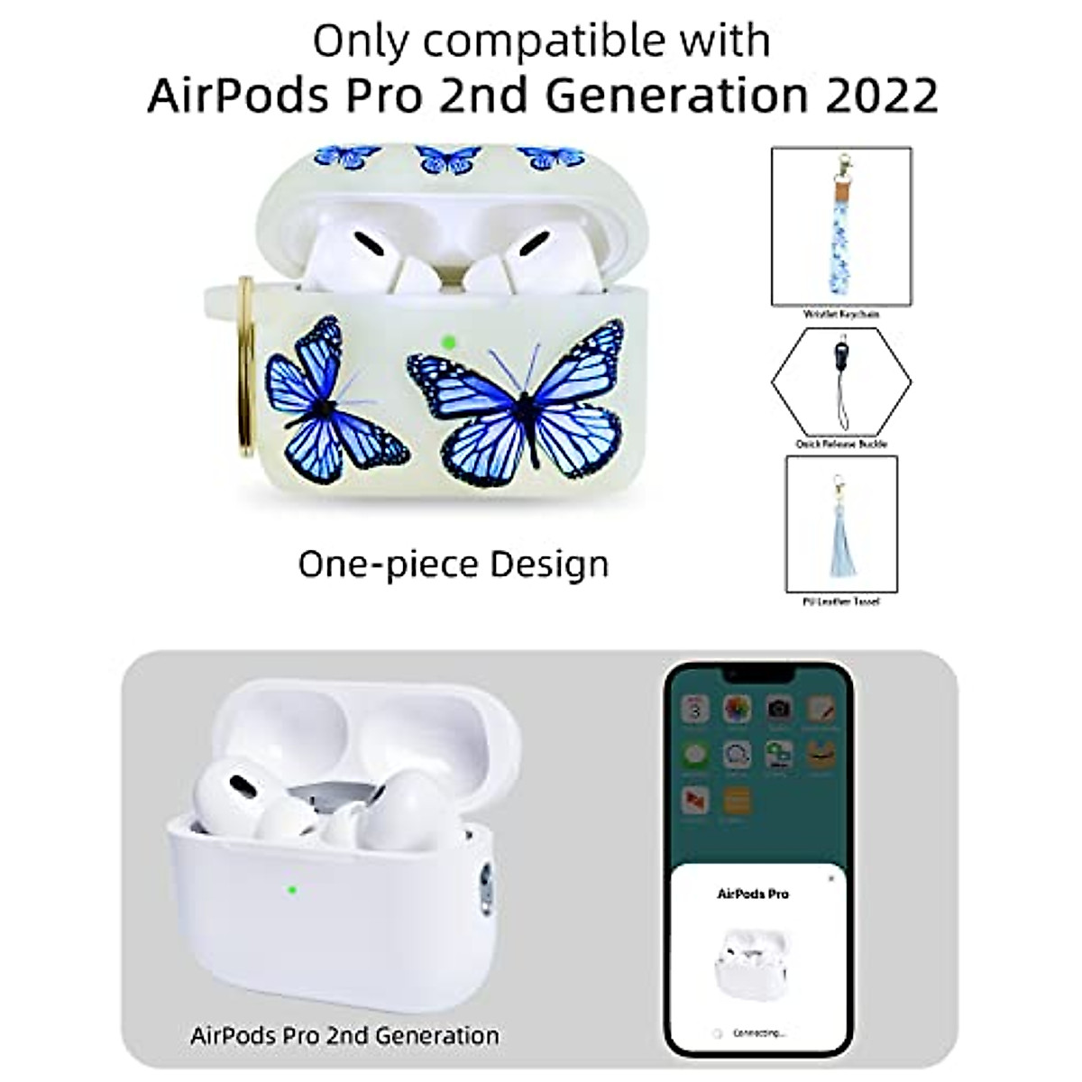 Airpods Pro 2 Case with Keychain Wristlet, Soft Cute Luminous Airpods Pro 2nd Generation Case Cover with Wrist Key Lanyard for AirPods Pro 2nd Generation (2022 Released) Gifts for Women Butterfly