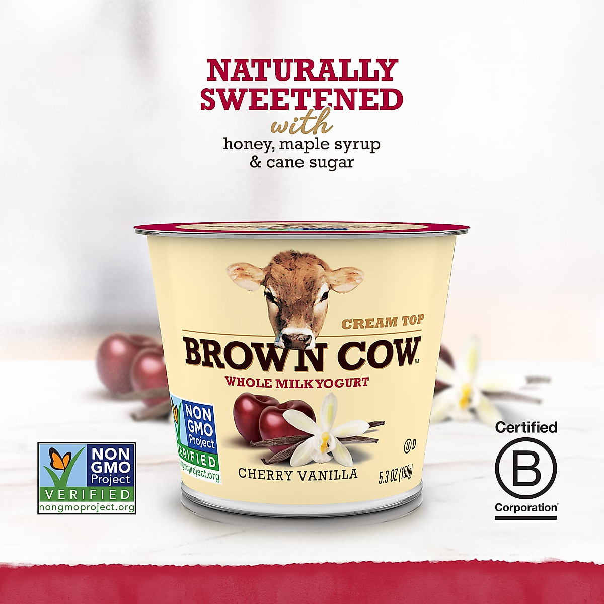 Brown Cow Cream Top Cherry Vanilla on the Bottom Whole Milk Yogurt, 5.3 oz. Cup - Creamy, Delicious Yogurt