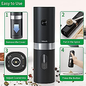 Nibiuht Electric Salt and Pepper Grinder Battery Operated - Automatic Pepper Shakers With Adjustable Coarseness, LED Light (Black 1 Mills)