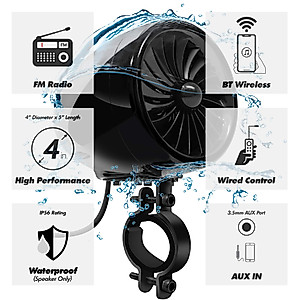 GoHawk TJ4-R Amplifier System 4" Full Range Waterproof Bluetooth Motorcycle Stereo Speakers 1 to 1.5 in. Handlebar Mount Amp Harley Touring Cruiser ATV 4-Wheeler, AUX, FM Radio, Black