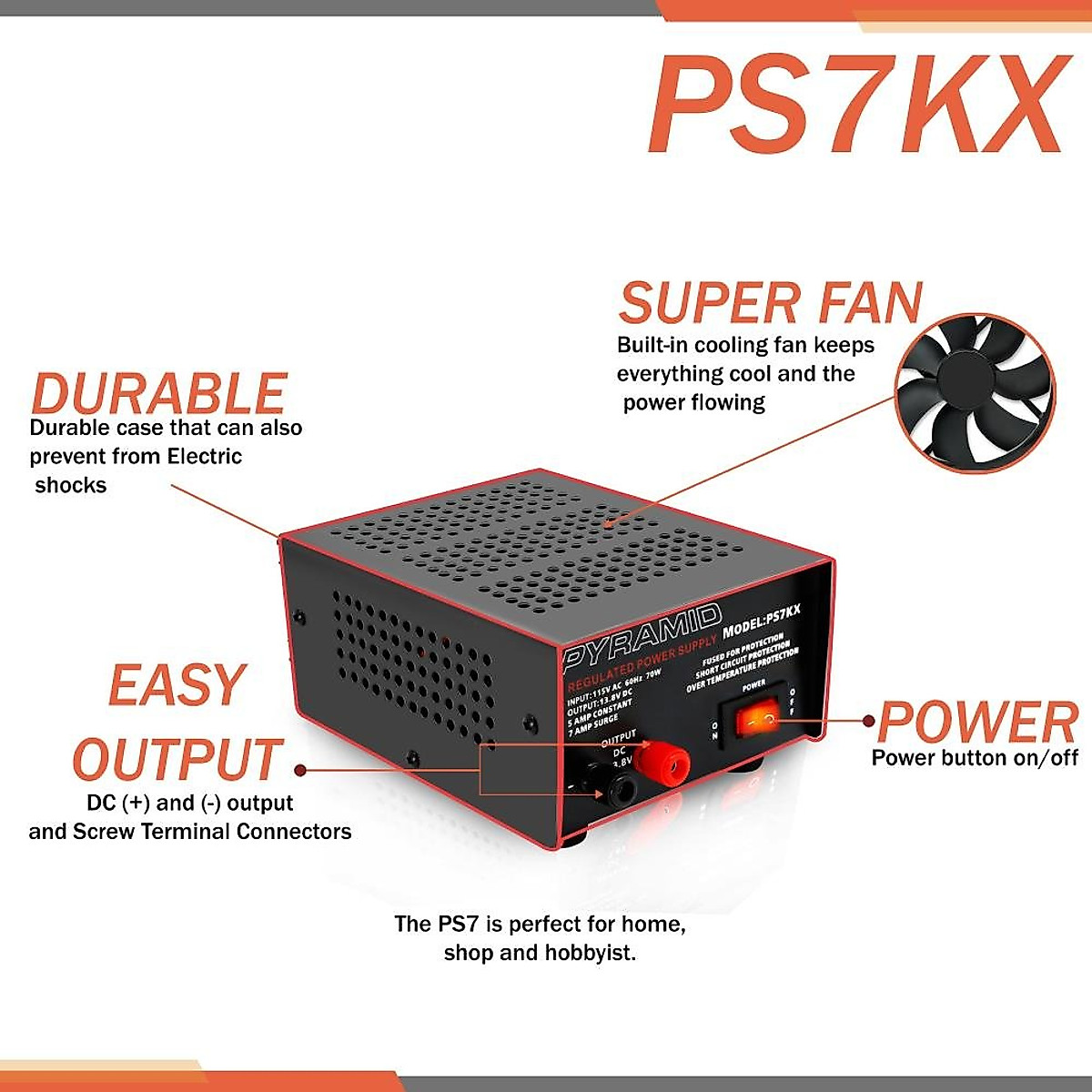 Pyramid Universal Compact Bench Power Supply - 5 Amp Linear Regulated Home Lab Benchtop AC-to-DC 12V Converter w/ 13.8 Volt DC 115V AC 70 Watt Power Input, Screw Type Terminals, Cooling Fan - PS7KX
