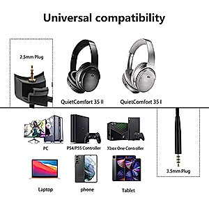 RUIDADF for Bose Quiet Comfort 35 II QC35 II Headphone Gaming Cables Witeh Mute Switch for PC Laptop PS4 PS5 Xbox PC Boom Microphone Cable (Black 1 Set)