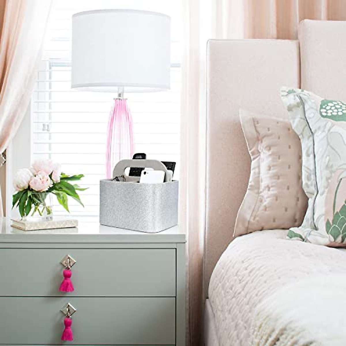 HofferRuffer Faux Leather Basket Tote Bin Caddy, Remote Control Holder, Portable Skincare Makeup Storage Organizer Caddy Tote with Handle, 7.3 x 5.5 x 6.7 inches (Silver)