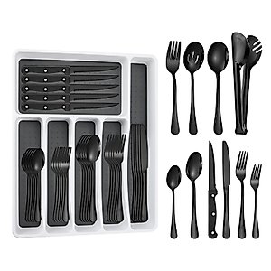 53PCS Black Silverware Set for 8 with Cutlery Drawer Organizer, Stainless Steel Flatware Set with Steak Knives, Include Spoons and Forks Set & Serving Utensils, Mirror Polished