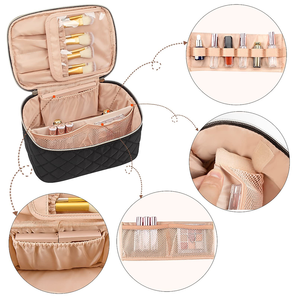 Makeup Bag Set of 2, Large Makeup Bag Organizer and Small Cosmetic Bag Multifunctional Make Up Bags Cosmetics Toiletry Brushes Storage Pouch for Women Girls Makeup Case with Handle Divider, Black